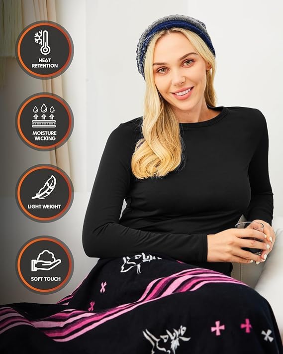 CL convallaira Women Thermal Underwear Base Layer Long Johns with Fleece Lined Set Winter Warm Top Bottom, Crewneck, X Large, Black