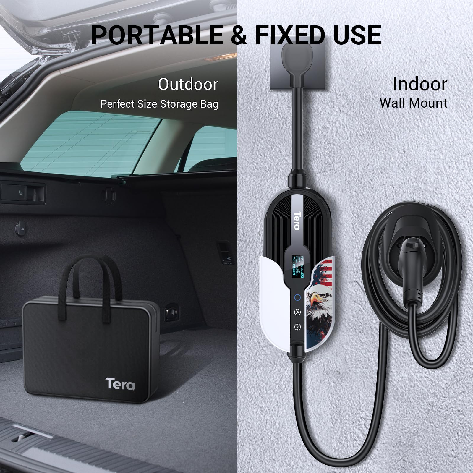 Tera Electric Vehicle Charger for J1772: Tesla EV Level 1 & 2 Portable 32A 8A 110V 240V Wall Connector Dual Use ETL NEMA 14-50 & 5-15 Wi-Fi Enabled 25FT Cable with Holder P01