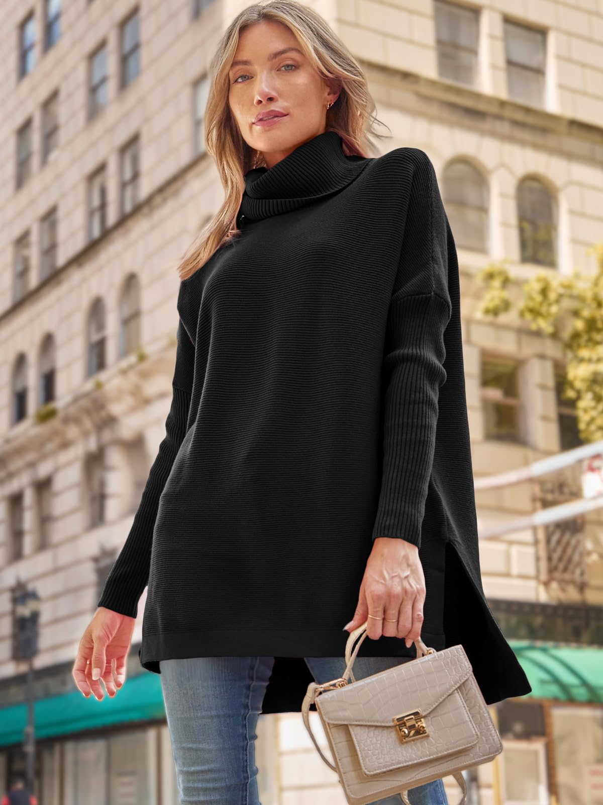 LILLUSORY Oversized Turtleneck Pullover Sweaters Womens 2025 Long Tunic Sweater Winter Trendy Casual Poncho Cowl Neck Cute Tops Dress Fall Fashion Clothes Outfits Clothing Black
