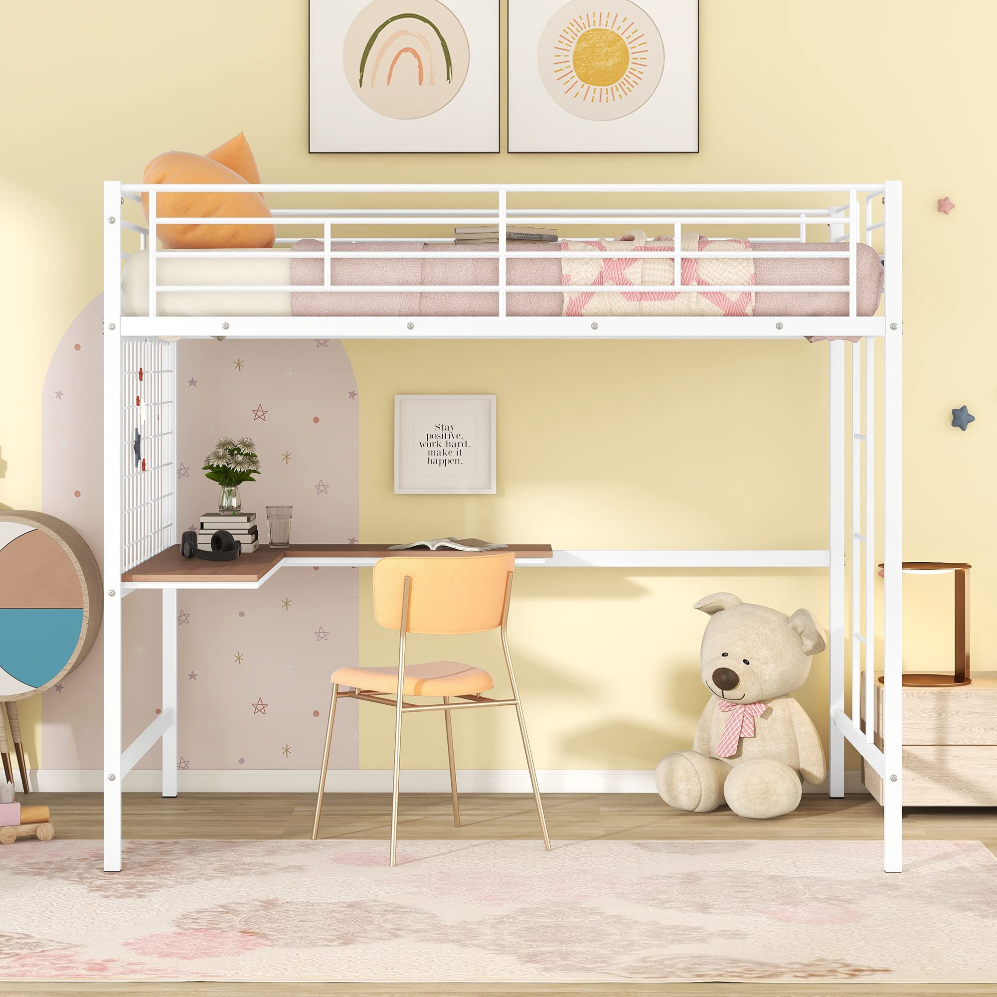 BIADNBZ Metal Loft Bed Full Size, High LoftBed Frame with L-Shaped Desk and Grid for Kids Adults, Full-Length Guardrail & Side Stairs, Space-Saving, White
