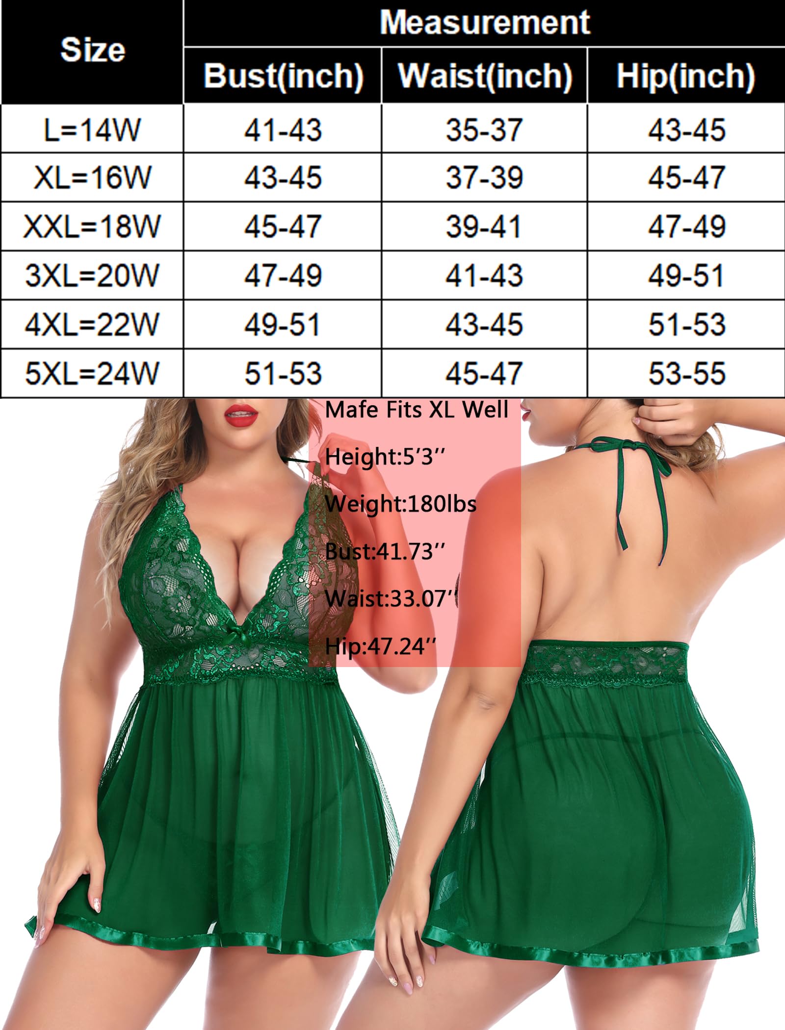 Avidlove Plus Size Women Babydoll Lingerie Lace Chemise Halter Backless Sleepwear Green