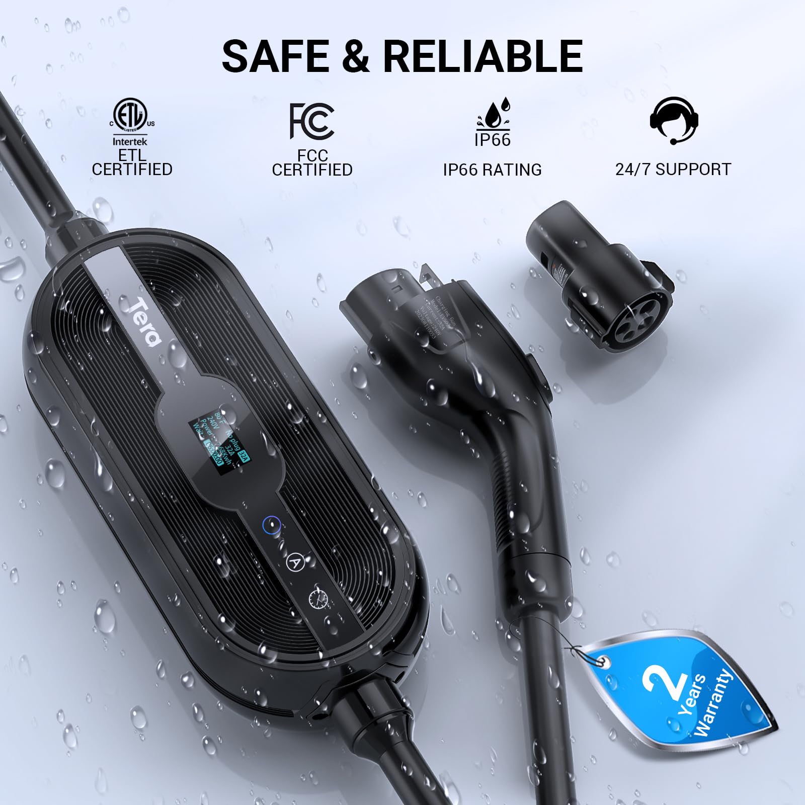 Tera Electric Vehicle Charger for J1772: Tesla EV Level 1 & 2 Portable 32A 8A 110V 240V Wall Connector Dual Use ETL NEMA 14-50 & 5-15 Wi-Fi Enabled 25FT Cable with Holder P01