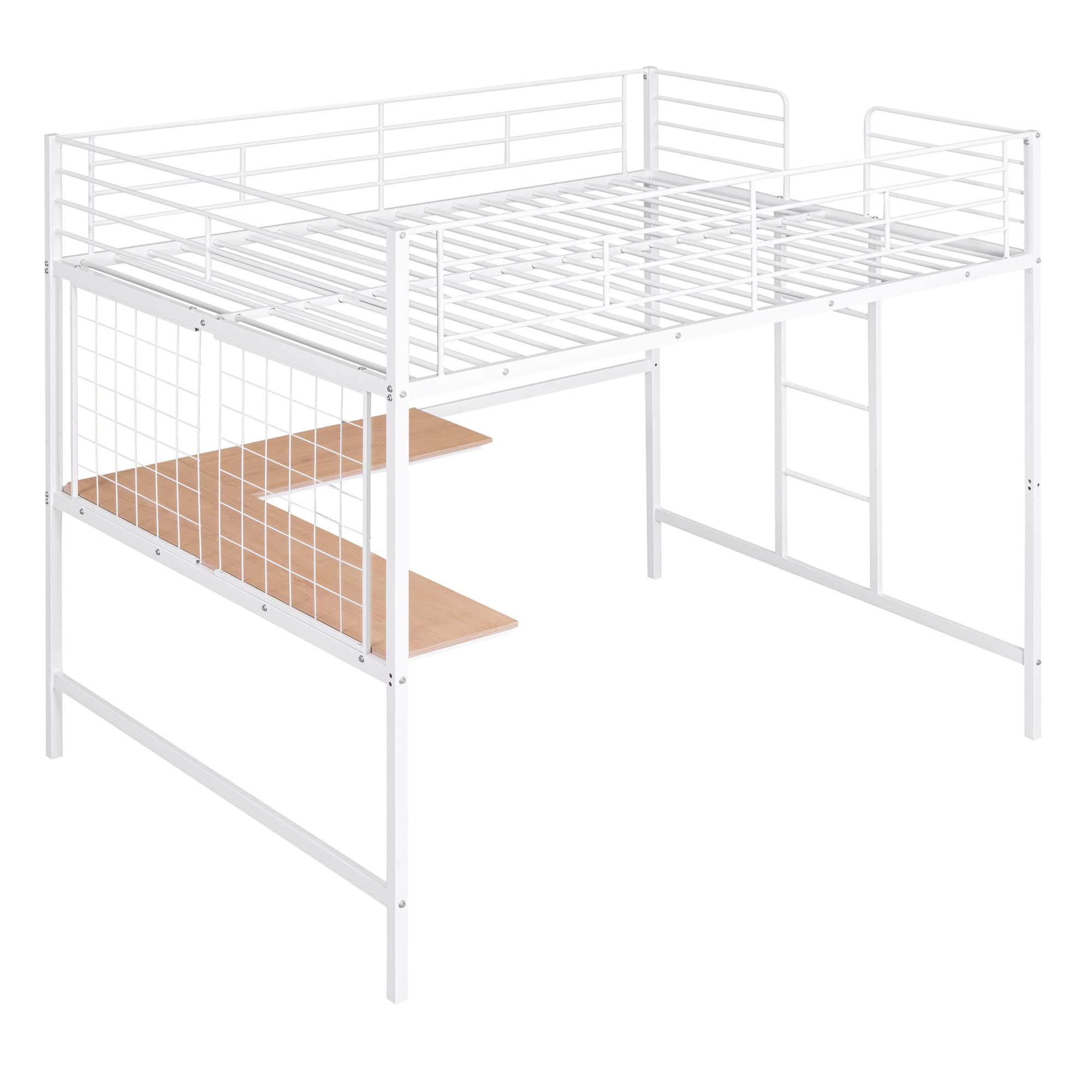 BIADNBZ Metal Loft Bed Full Size, High LoftBed Frame with L-Shaped Desk and Grid for Kids Adults, Full-Length Guardrail & Side Stairs, Space-Saving, White
