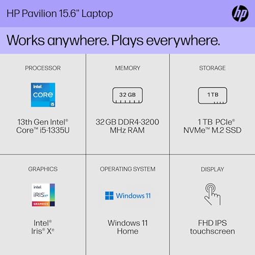 HP 2023 Newest Pavilion Laptop, 15.6" FHD IPS Touchscreen, 13th Gen Intel Core i5-1335U (10 core), 32GB RAM, 1TB SSD, Intel Iris Xe Graphic, Backlit Keyboard, WiFi6, HD Webcam, HDMI, Windows 11 Home