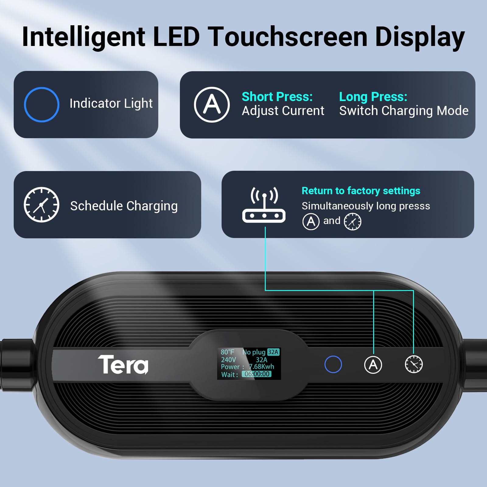 Tera Electric Vehicle Charger for J1772: Tesla EV Level 1 & 2 Portable 32A 8A 110V 240V Wall Connector Dual Use ETL NEMA 14-50 & 5-15 Wi-Fi Enabled 25FT Cable with Holder P01