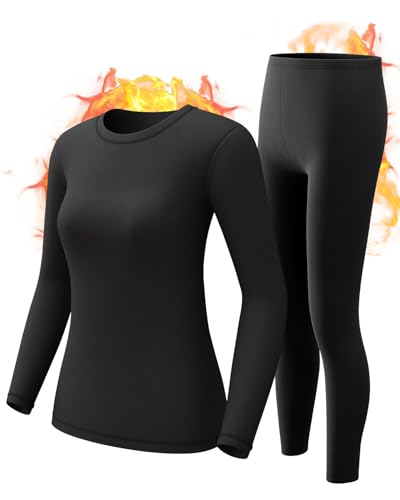 CL convallaira Women Thermal Underwear Base Layer Long Johns with Fleece Lined Set Winter Warm Top Bottom, Crewneck, X Large, Black
