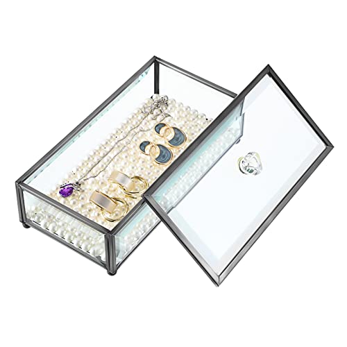 JUXYES Clear Glass Jewelry Box With Lid, Beveled Glass Keepsake Box Transparent Jewelry Organizer Box Modern Thickened Glass Vanity Decorative Box Personalized Countertop Trinket Box Organizer