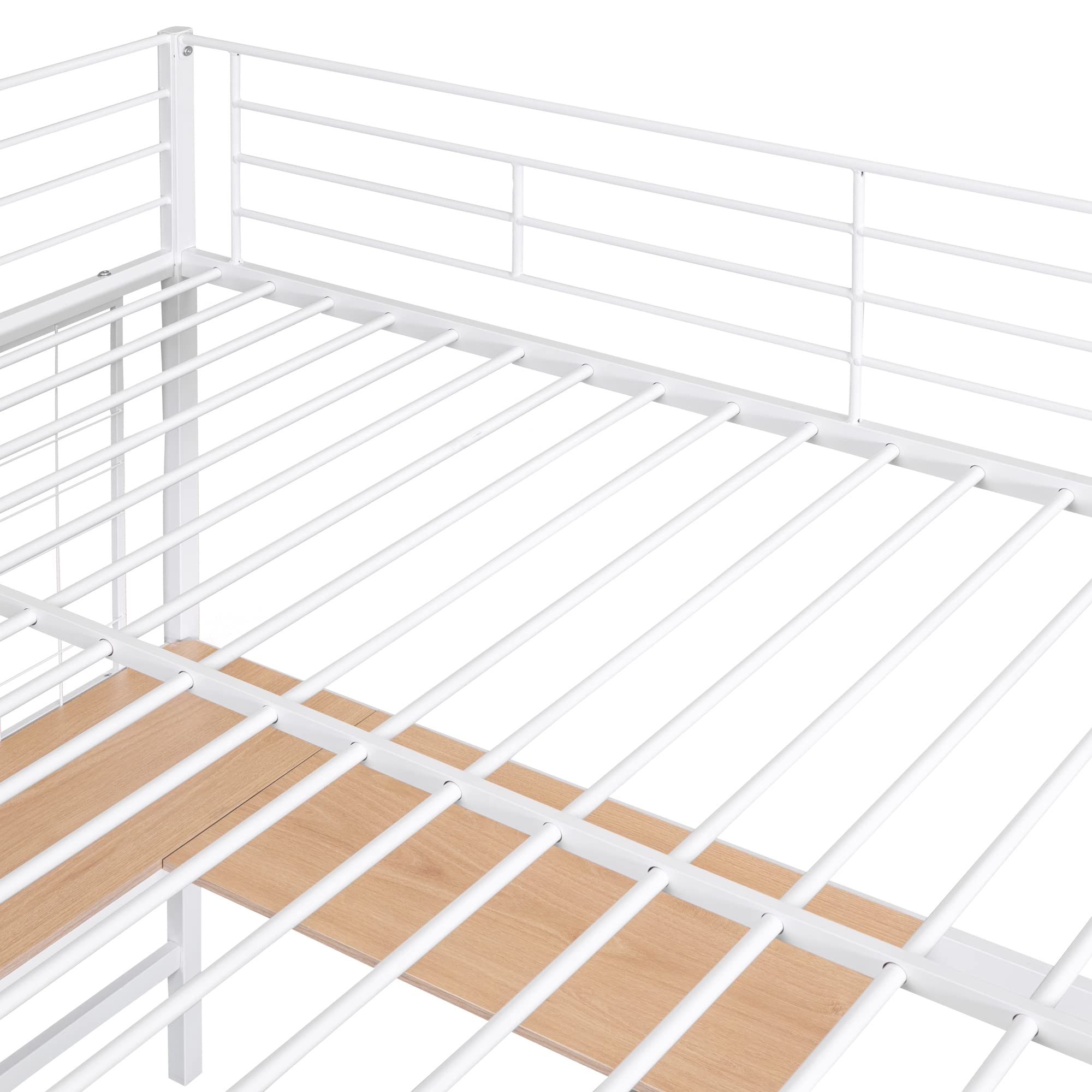 BIADNBZ Metal Loft Bed Full Size, High LoftBed Frame with L-Shaped Desk and Grid for Kids Adults, Full-Length Guardrail & Side Stairs, Space-Saving, White