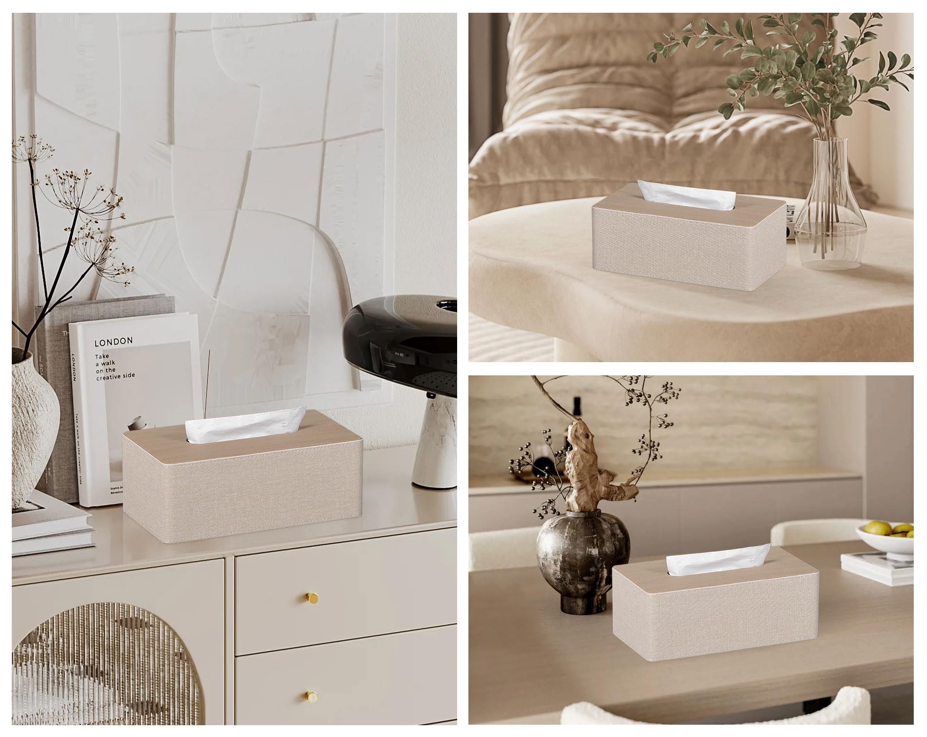 GOLRANLYE Tissue Box Cover Rectangular 9.8"(L) x 5.3"(W) x 4.3"(H) Refined Modern PU Leather Facial Tissue Dispenser Box Holder for Dresser Bathroom Decorative (Beige)