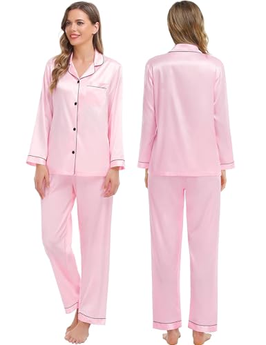 LecGee Couples Matching Pajamas Set Button Down Sleepwear Long Sleeve Loungewear Silky Satin 2 Piece Pjs Men/Women Pink Large