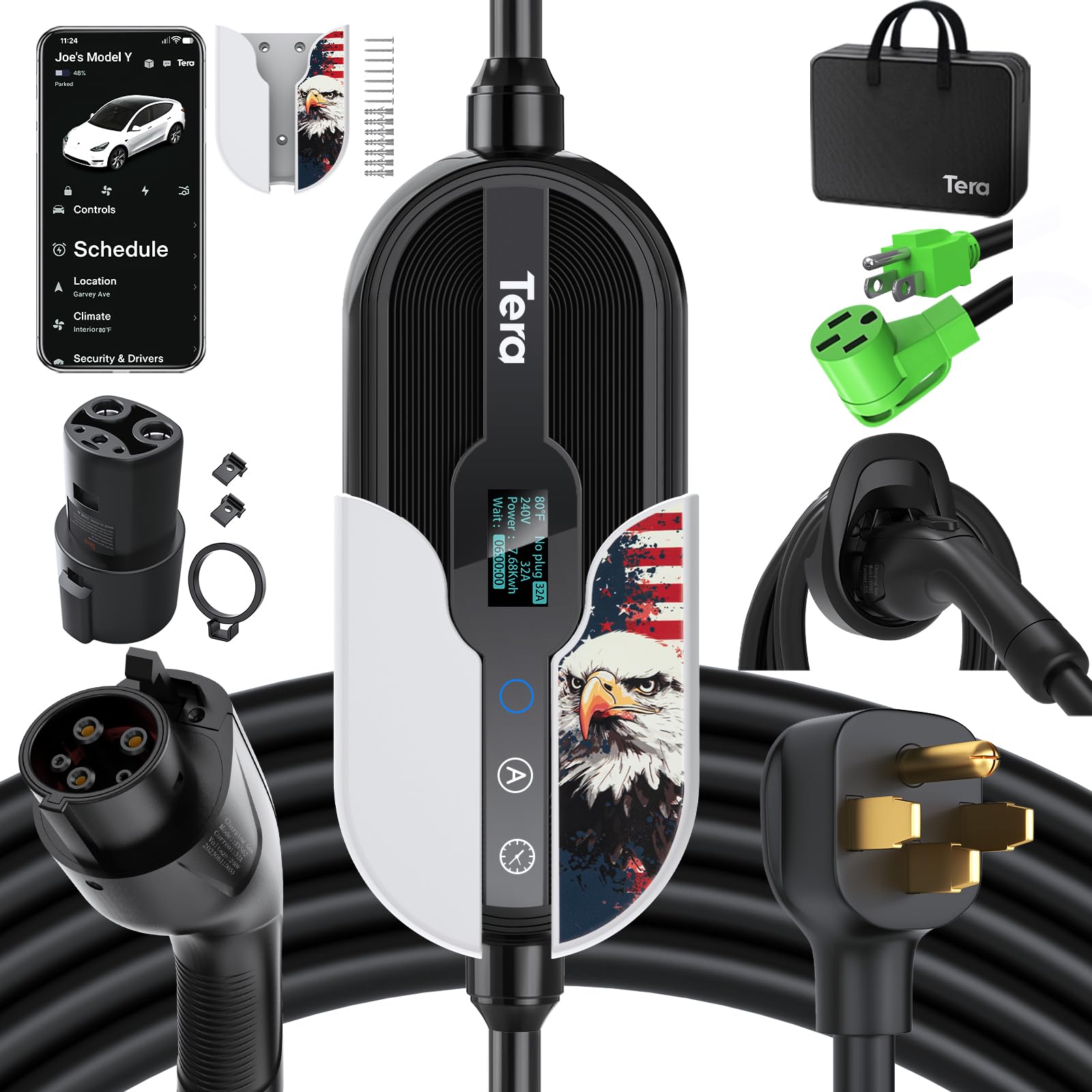 Tera Electric Vehicle Charger for J1772: Tesla EV Level 1 & 2 Portable 32A 8A 110V 240V Wall Connector Dual Use ETL NEMA 14-50 & 5-15 Wi-Fi Enabled 25FT Cable with Holder P01