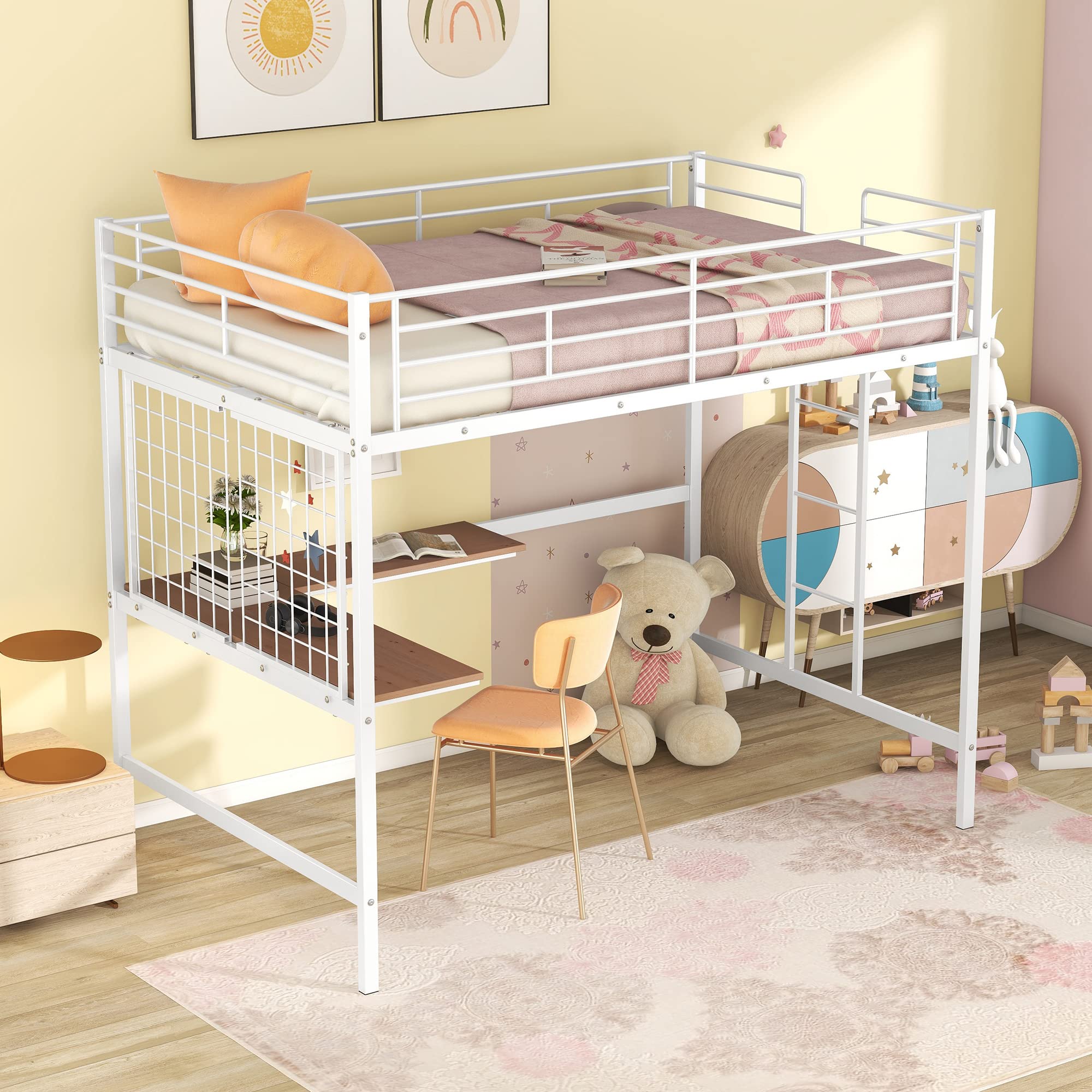 BIADNBZ Metal Loft Bed Full Size, High LoftBed Frame with L-Shaped Desk and Grid for Kids Adults, Full-Length Guardrail & Side Stairs, Space-Saving, White