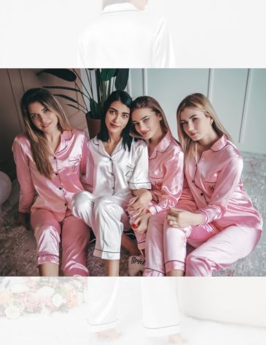 LecGee Couples Matching Pajamas Set Button Down Sleepwear Long Sleeve Loungewear Silky Satin 2 Piece Pjs Men/Women Pink Large