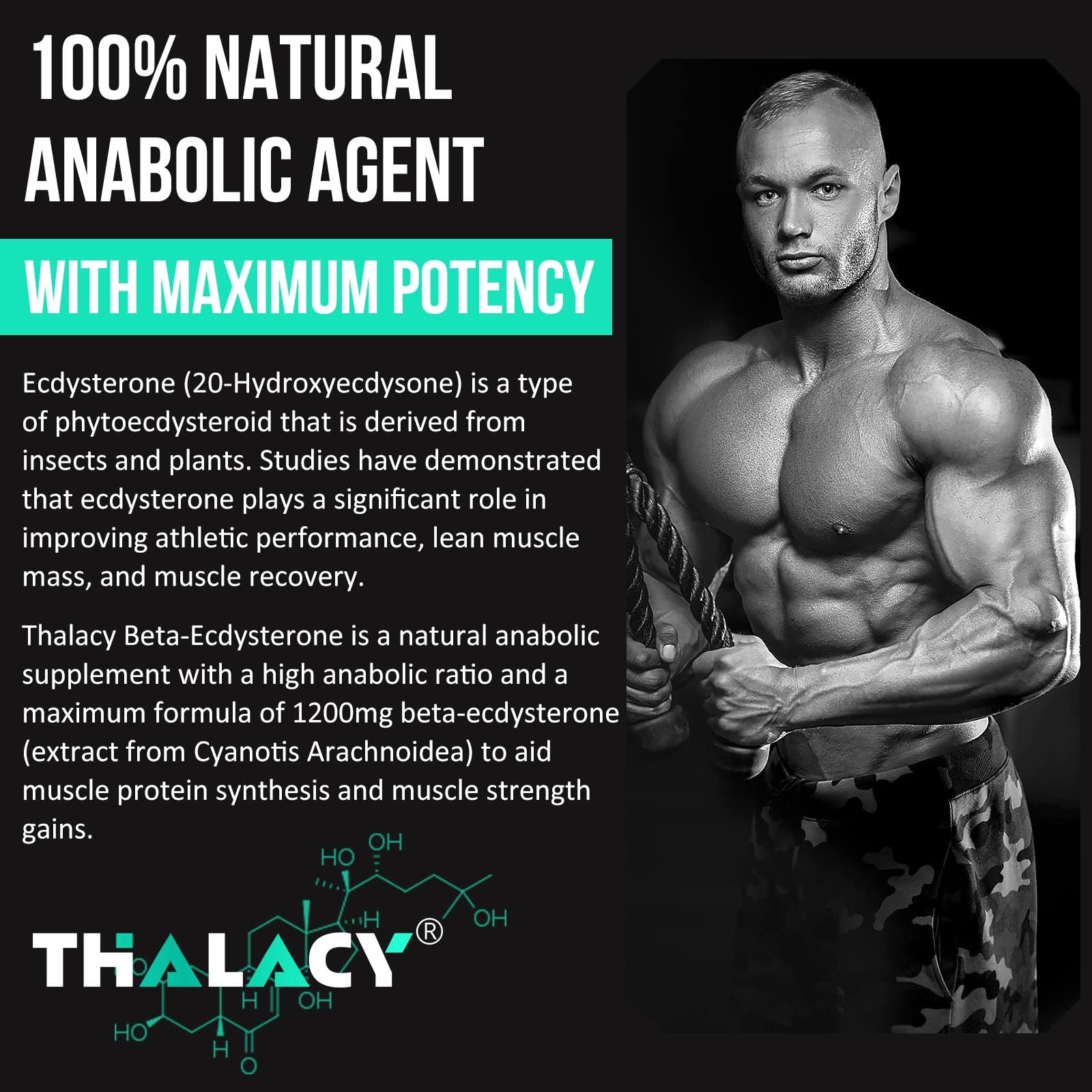 Thalacy 1200MG Beta Ecdysterone Supplement, 98% Maximum Purity Ecdysterone Supplements for Lean Muscle Mass, Athletic Performance & Strength, 60 Capsules