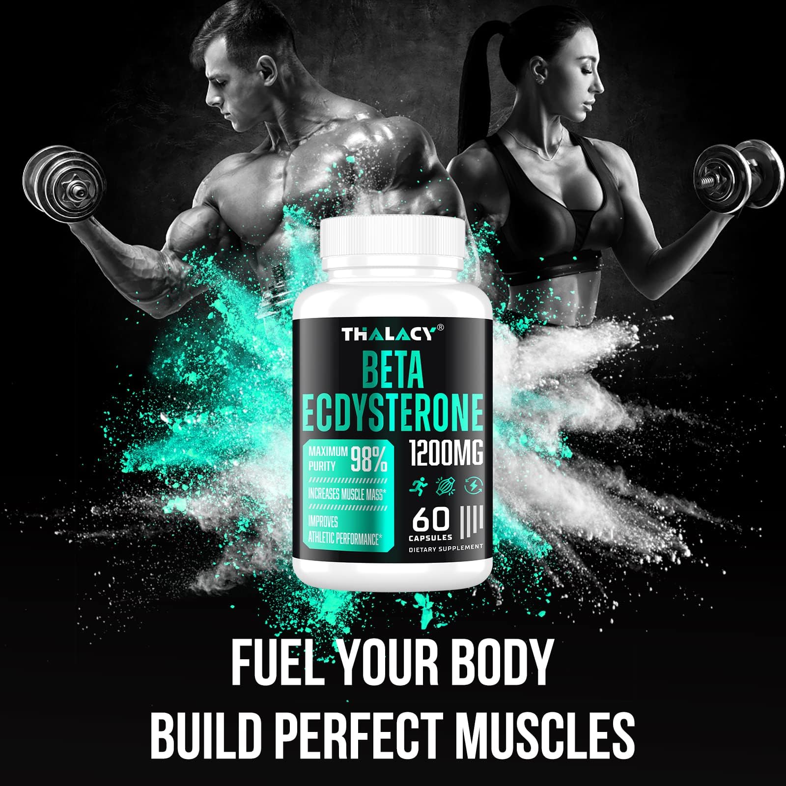 Thalacy 1200MG Beta Ecdysterone Supplement, 98% Maximum Purity Ecdysterone Supplements for Lean Muscle Mass, Athletic Performance & Strength, 60 Capsules