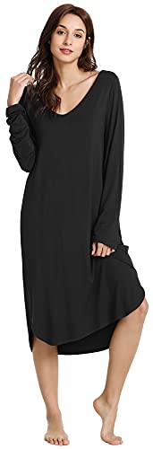 WiWi Viscose from Bamboo Nightgowns for Women Soft Long Sleeve Sleep Shirt Plus Size Pajamas S-4X, Black, 3X
