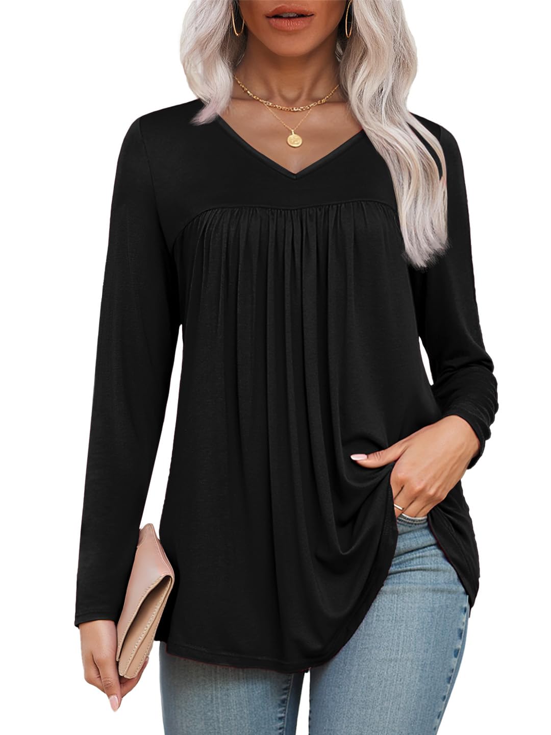LAOLASI Womens Black Long Sleeve Tunic Tops V Neck Casual Dressy Shirts Loose Fashion Blouses Fall Winter Tops For Women,XL