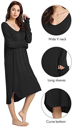 WiWi Viscose from Bamboo Nightgowns for Women Soft Long Sleeve Sleep Shirt Plus Size Pajamas S-4X, Black, 3X