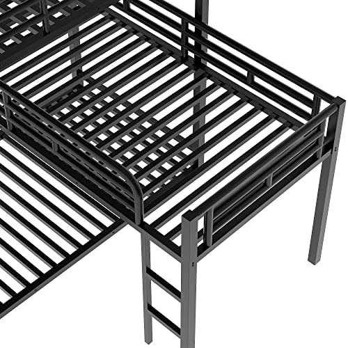 Harper & Bright Designs L-Shaped Metal Triple Bed, Metal Twin Over Twin Over Twin Bunk Bed Frame with Two Ladder, Full-Length Guardrails, 3 Bunk Beds for Kids Teens Adult, Black
