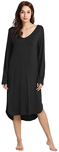 WiWi Viscose from Bamboo Nightgowns for Women Soft Long Sleeve Sleep Shirt Plus Size Pajamas S-4X, Black, 3X