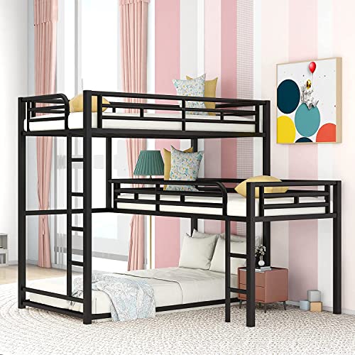 Harper & Bright Designs L-Shaped Metal Triple Bed, Metal Twin Over Twin Over Twin Bunk Bed Frame with Two Ladder, Full-Length Guardrails, 3 Bunk Beds for Kids Teens Adult, Black