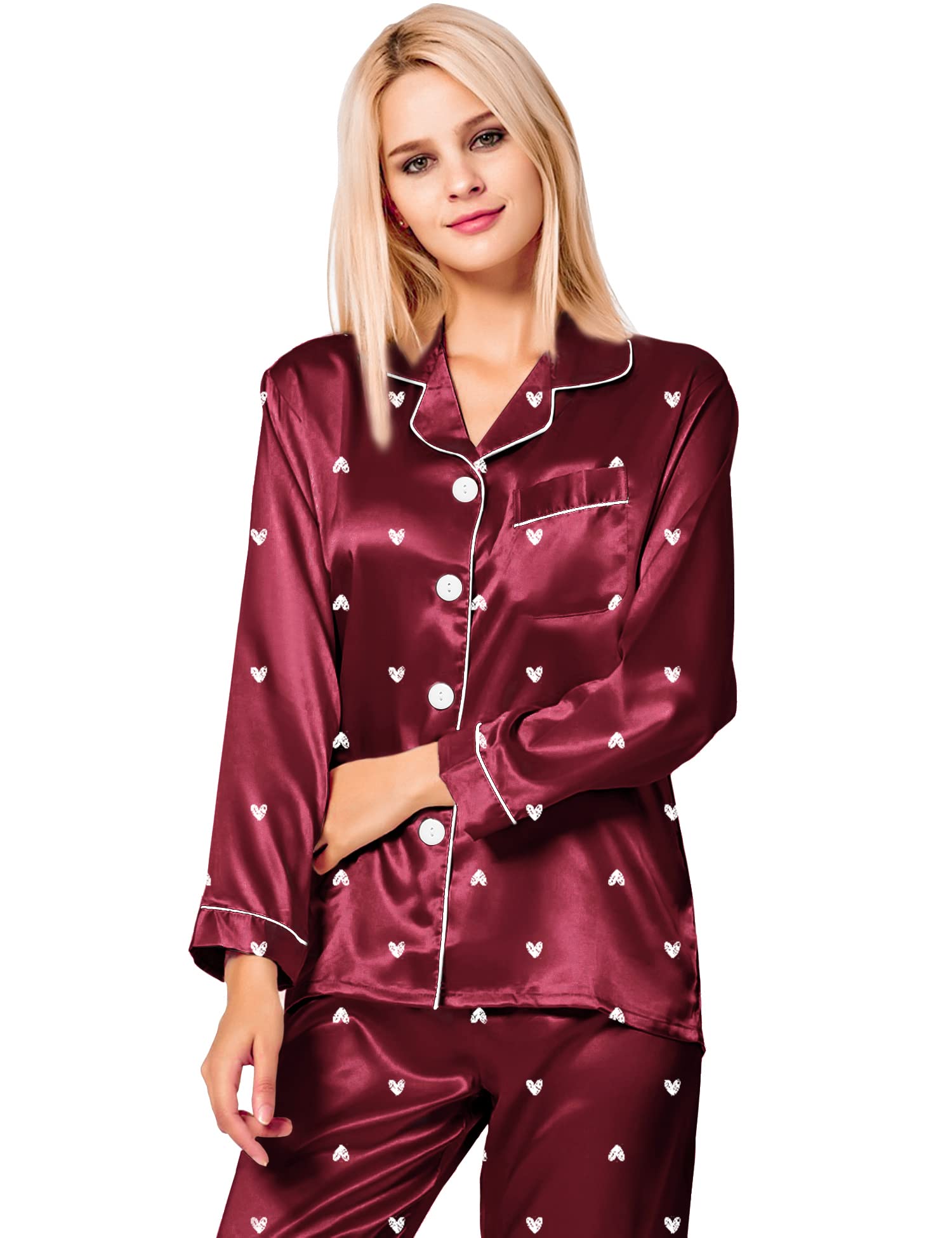 SWOMOG Womens Silk Satin Pajamas Long Sleeve Loungewear Two-Piece Sleepwear Button-Down Pj Set