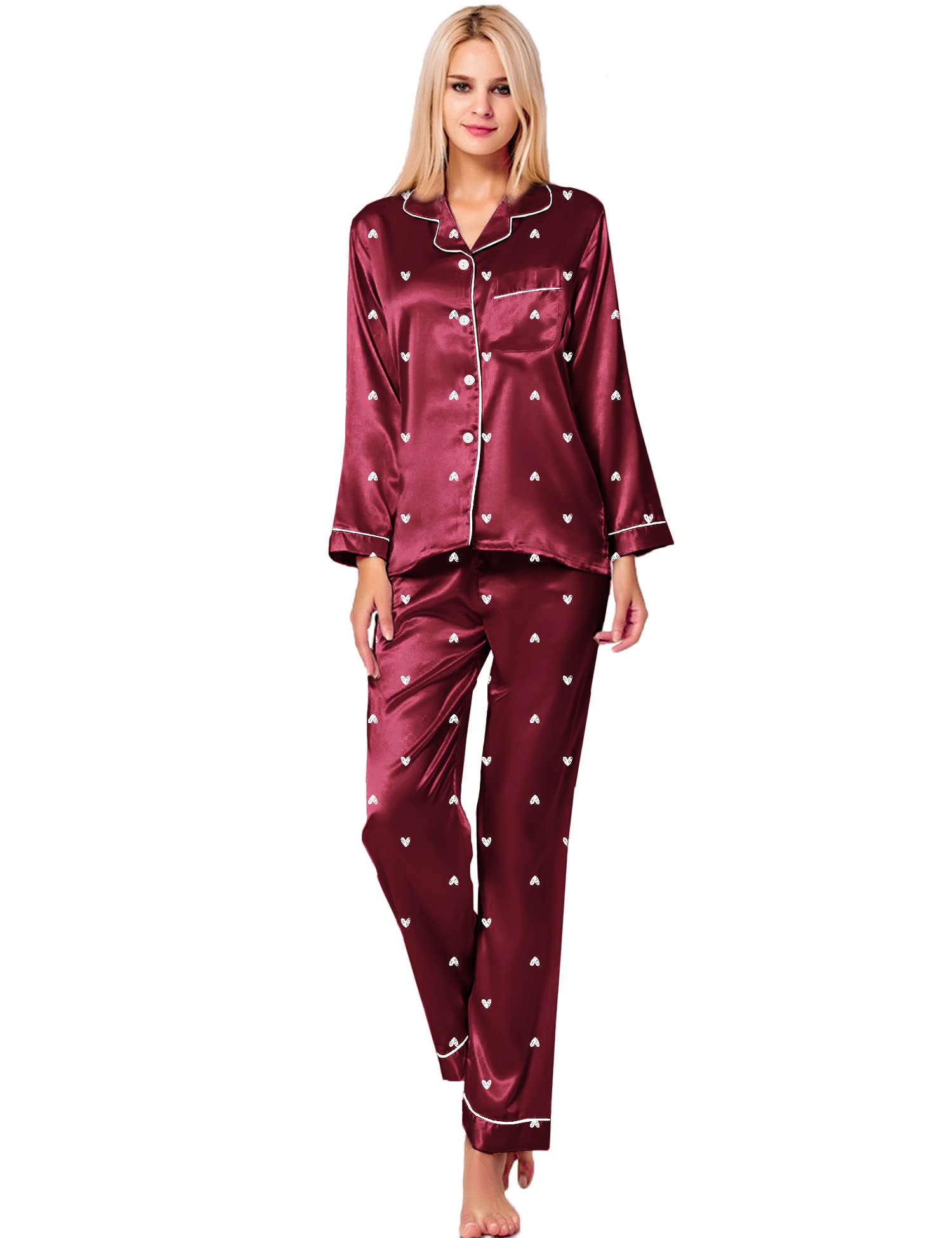 SWOMOG Womens Silk Satin Pajamas Long Sleeve Loungewear Two-Piece Sleepwear Button-Down Pj Set
