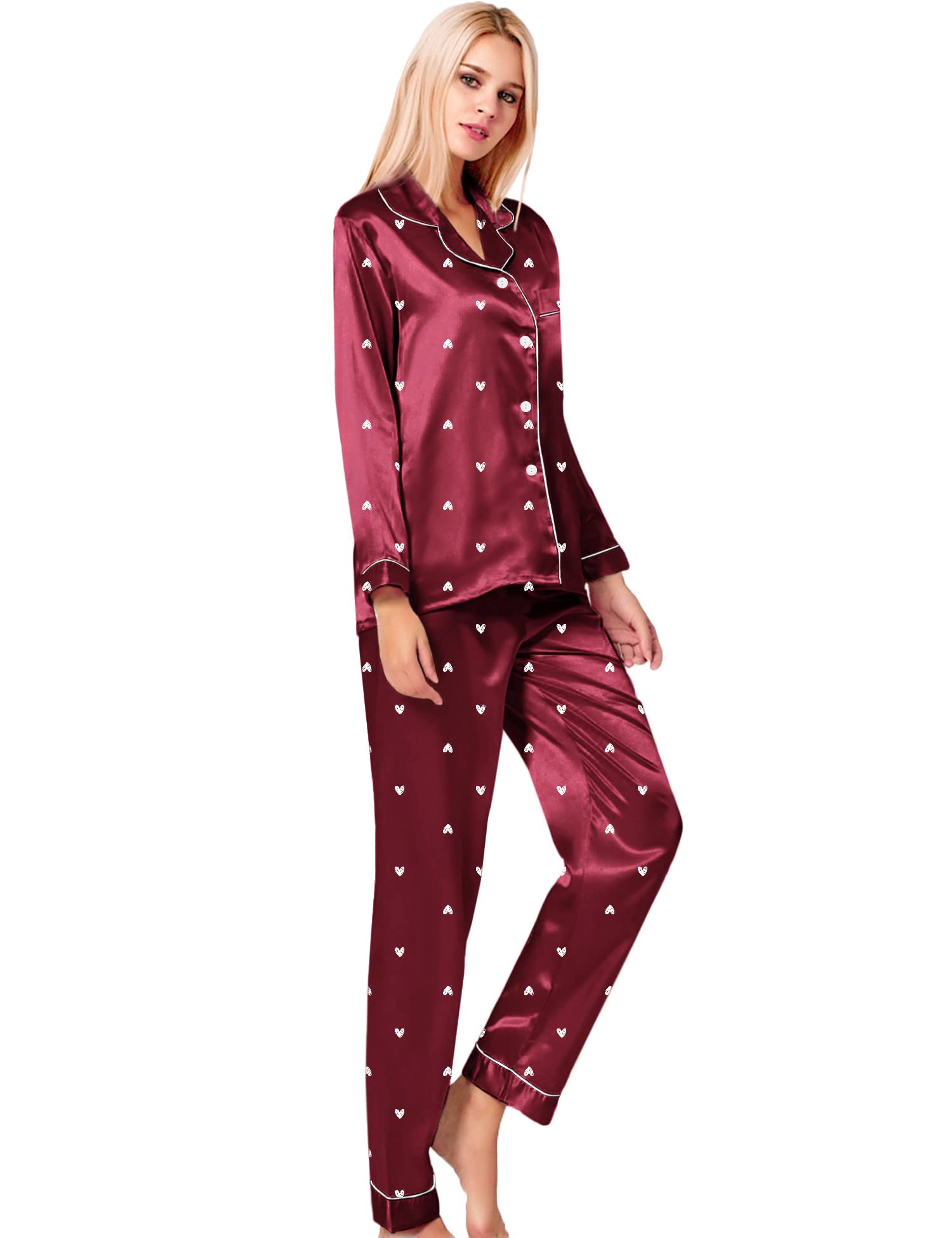 SWOMOG Womens Silk Satin Pajamas Long Sleeve Loungewear Two-Piece Sleepwear Button-Down Pj Set
