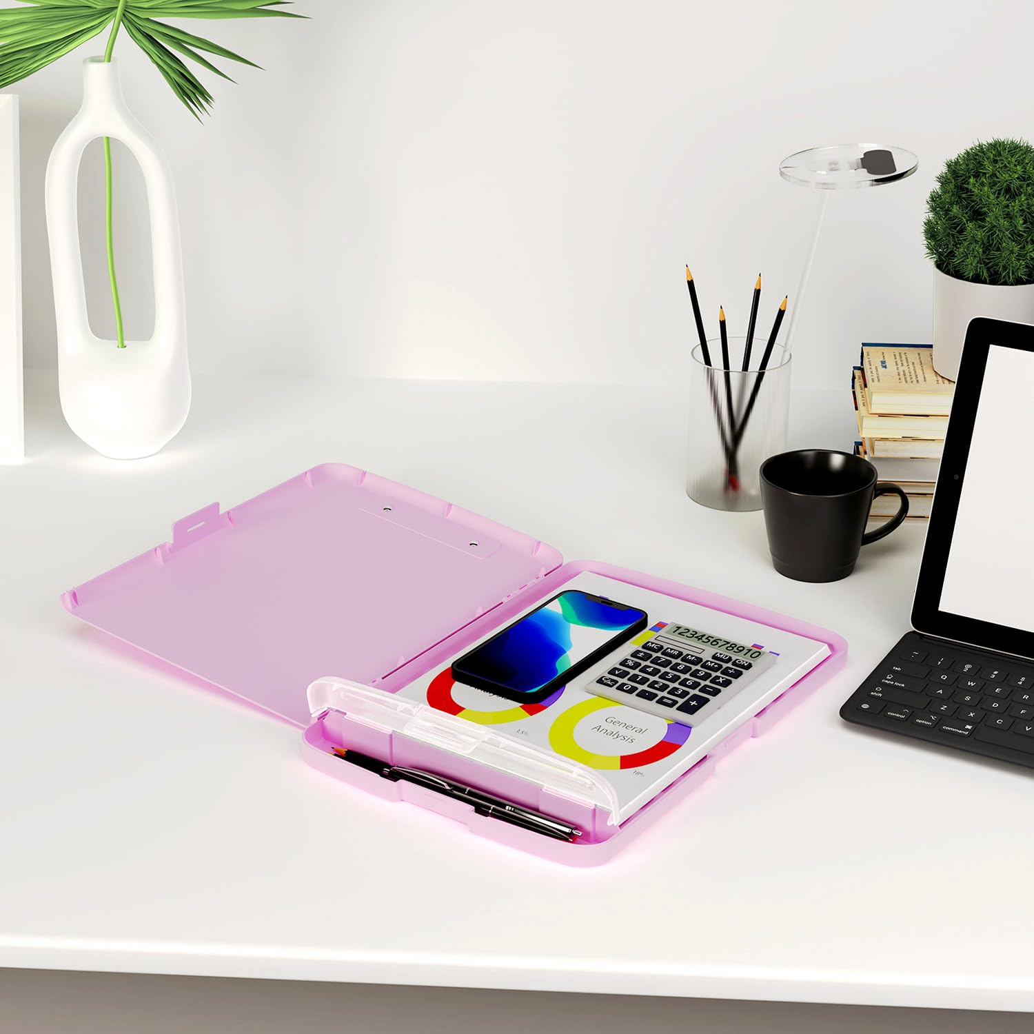 Piasoenc Clipboard with Storage, 8.5 x 11 Organization Box with Pen Holder and A4 Legal Paper Folder, Heavy Duty Plastic, Folio & Side-Opening, Low Profile Clip, for Teachers, Lawers, Deep Pink