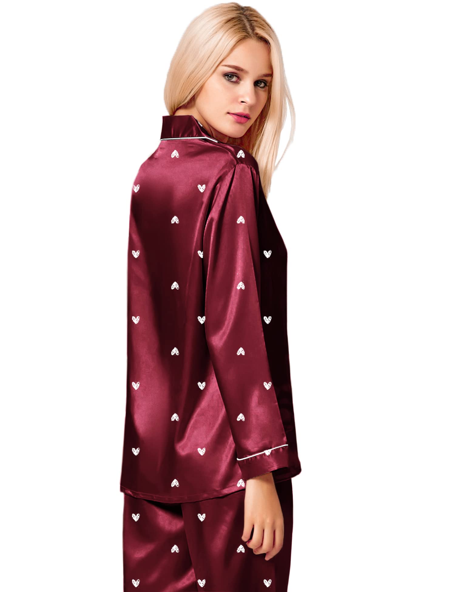 SWOMOG Womens Silk Satin Pajamas Long Sleeve Loungewear Two-Piece Sleepwear Button-Down Pj Set