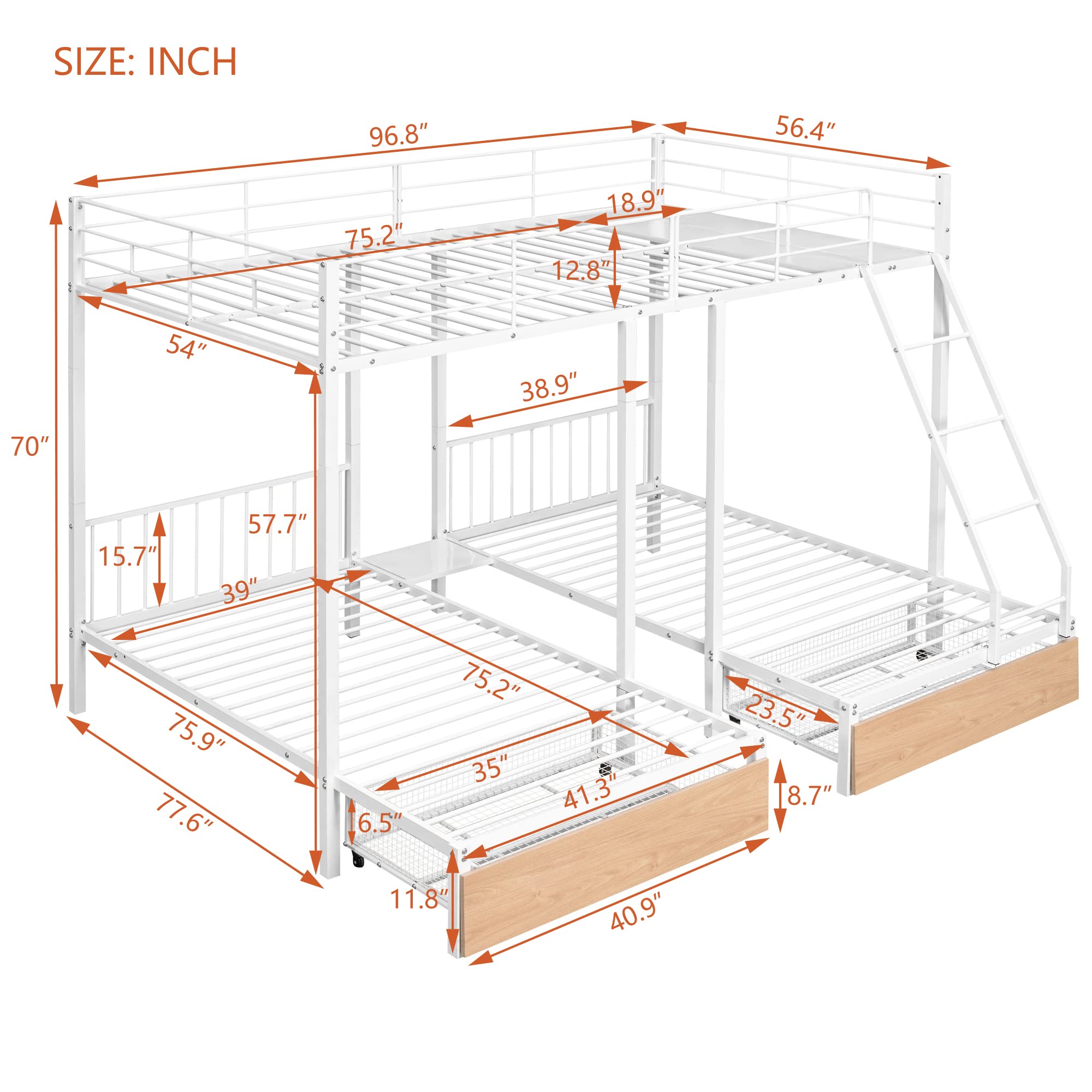 BIADNBZ Full Over Twin & Twin Triple Bunk Bed with Two Drawers, Metal 3 in 1 Bedframe with Guardrails, L-Shaped, for Kids Teens Adults Bedroom, White