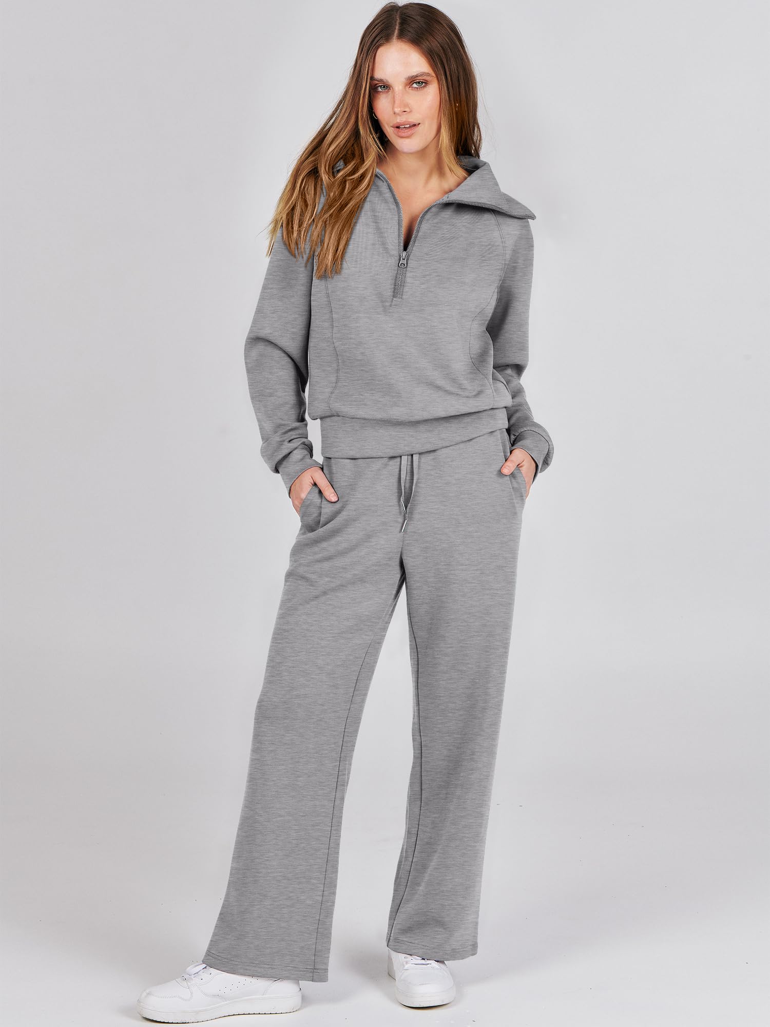 ANRABESS Women 2 Piece Outfits Sweatsuit Oversized Sweatshirt Sweatpants Tracksuit Sweat Lounge Matching Set 2025 Fall Trendy Grey Medium