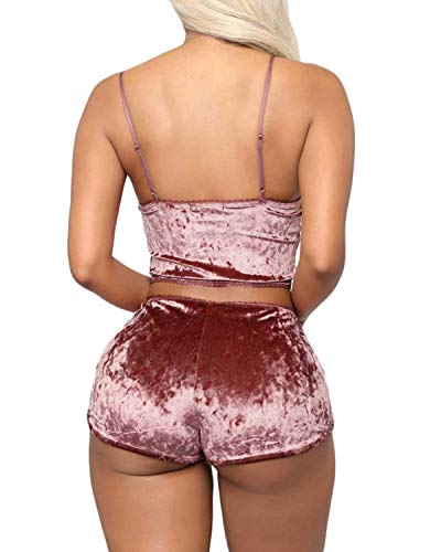Springcmy Women's Velvet 2PCS Outfits Spaghetti Strap Crop Top and Shorts Pajama Sets (Pink,S)