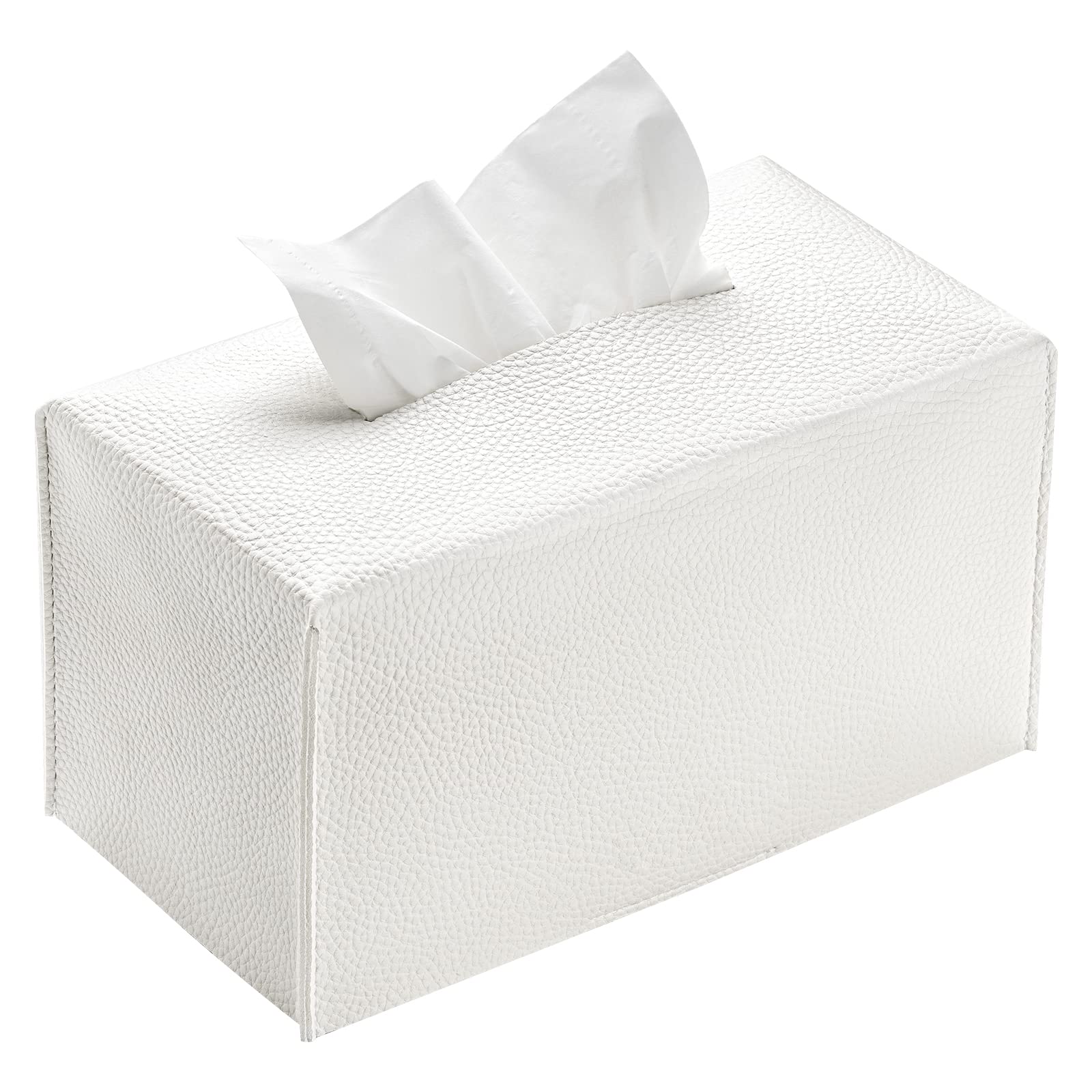 REGELETO Rectangular Tissue Box Cover, Pu Leather Rectangle Tissue Box Holder with Bottom Belt Modern Stylish Tissue Box Organizer for Home, Car, Hotel, Office 9.5"X5"X5" (Off-White)