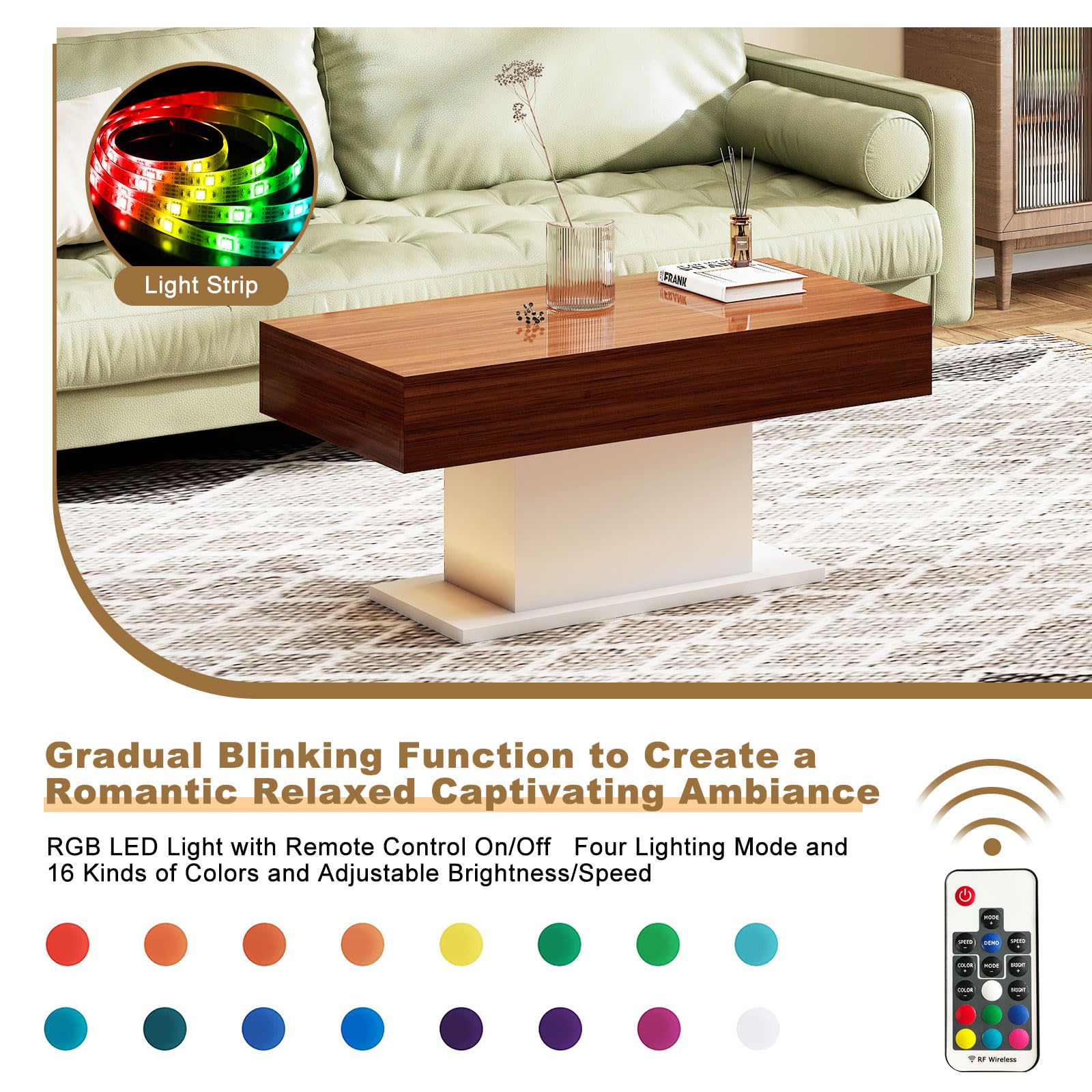 LED Coffee Table for Living Room, Modern High Glossy Coffee Table with 16 Colors LED Lights, Smart Cocktail Table Rectangle, Wooden Living Room Table (Natural)