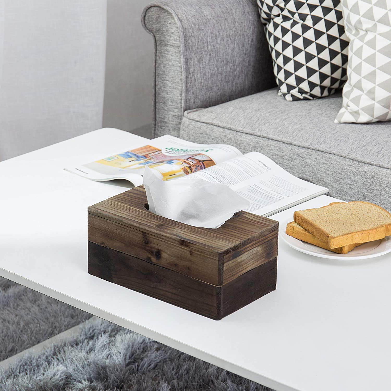 MyGift Rustic Dark Torched Wood Rectangular Tissue Box Holder Cover, Bathroom Facial Tissue Box Cover with Easy Refill Slide Out Bottom