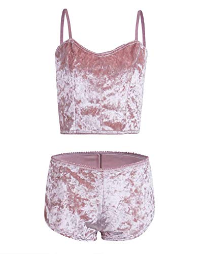 Springcmy Women's Velvet 2PCS Outfits Spaghetti Strap Crop Top and Shorts Pajama Sets (Pink,S)