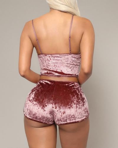 Springcmy Women's Velvet 2PCS Outfits Spaghetti Strap Crop Top and Shorts Pajama Sets (Pink,S)