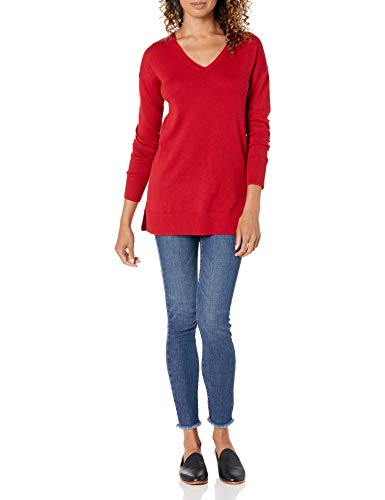 Amazon Essentials Women's Lightweight Long-Sleeve V-Neck Tunic Sweater (Available in Plus Size), Red, Medium