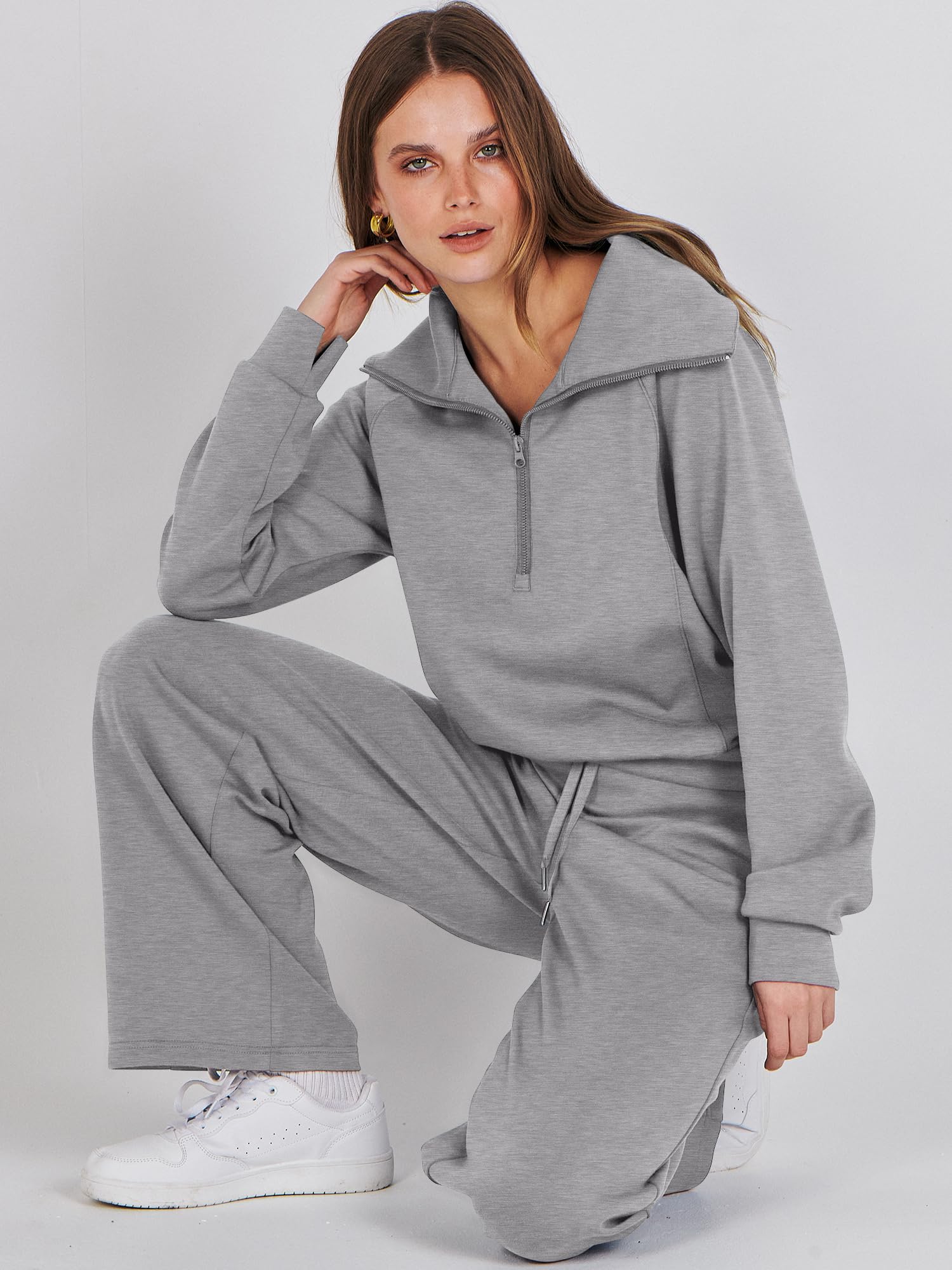 ANRABESS Women 2 Piece Outfits Sweatsuit Oversized Sweatshirt Sweatpants Tracksuit Sweat Lounge Matching Set 2025 Fall Trendy Grey Medium