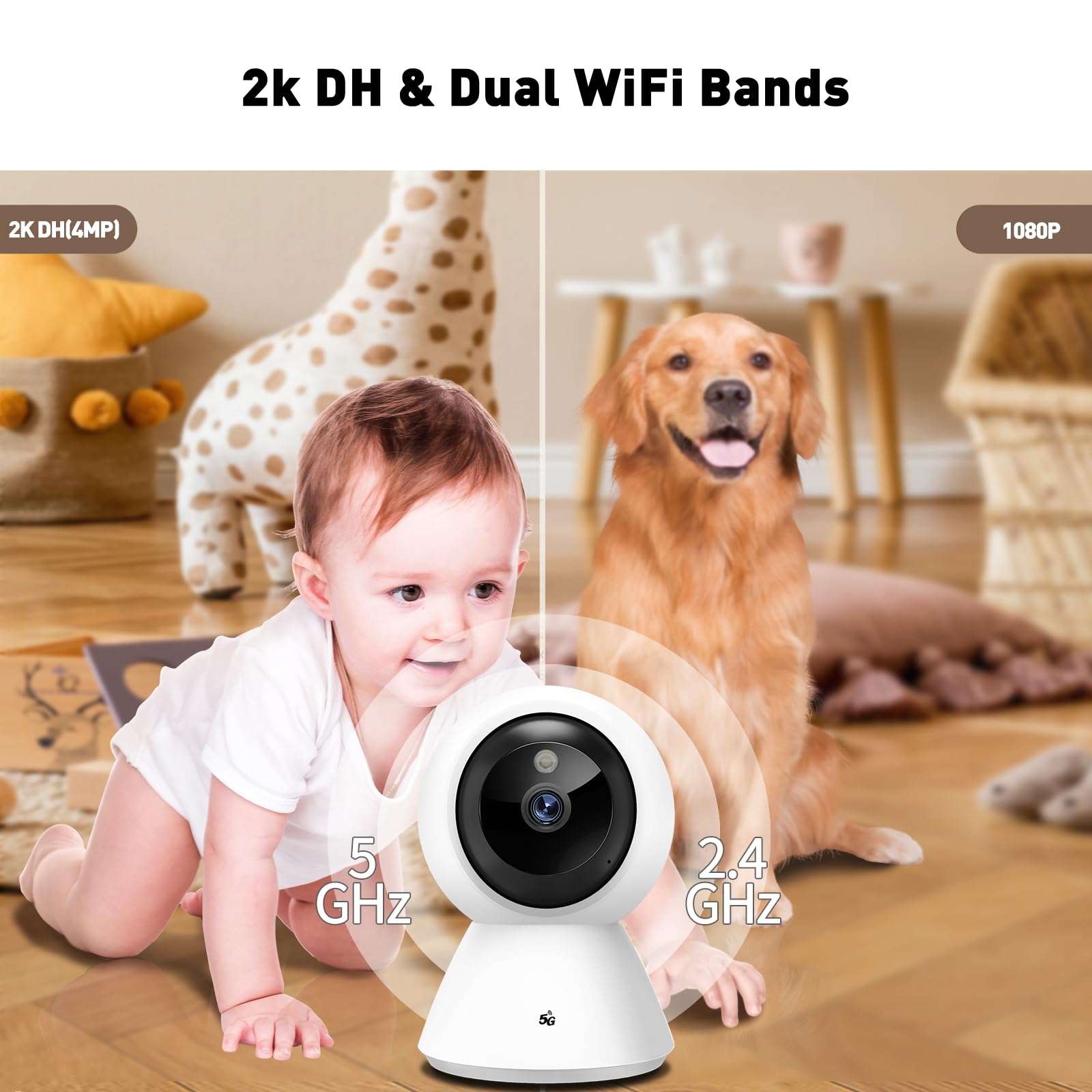 BJR 2K HD Security Camera Indoor, 5G & 2.4G WiFi Camera, Pan/Tilt Pet Camera with Motion Detection, Night Vision, 2-Way Talk, Home Cam with 64G SD Card Included