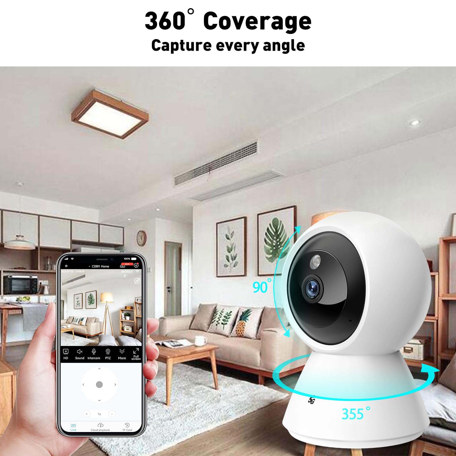 BJR 2K HD Security Camera Indoor, 5G & 2.4G WiFi Camera, Pan/Tilt Pet Camera with Motion Detection, Night Vision, 2-Way Talk, Home Cam with 64G SD Card Included