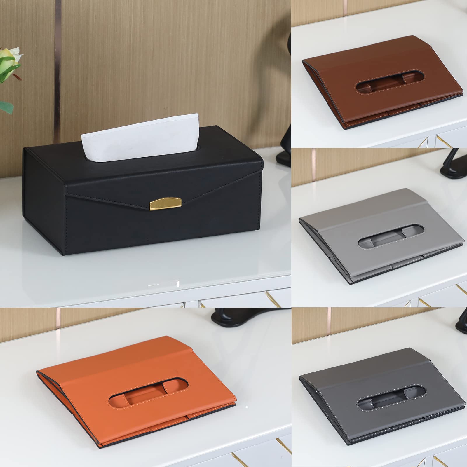 MEIBOOCH Foldable Tissue Box Cover Rectangular Leather Tissue Box Holder with Magnetic Closure (3.6 inches high, Black)