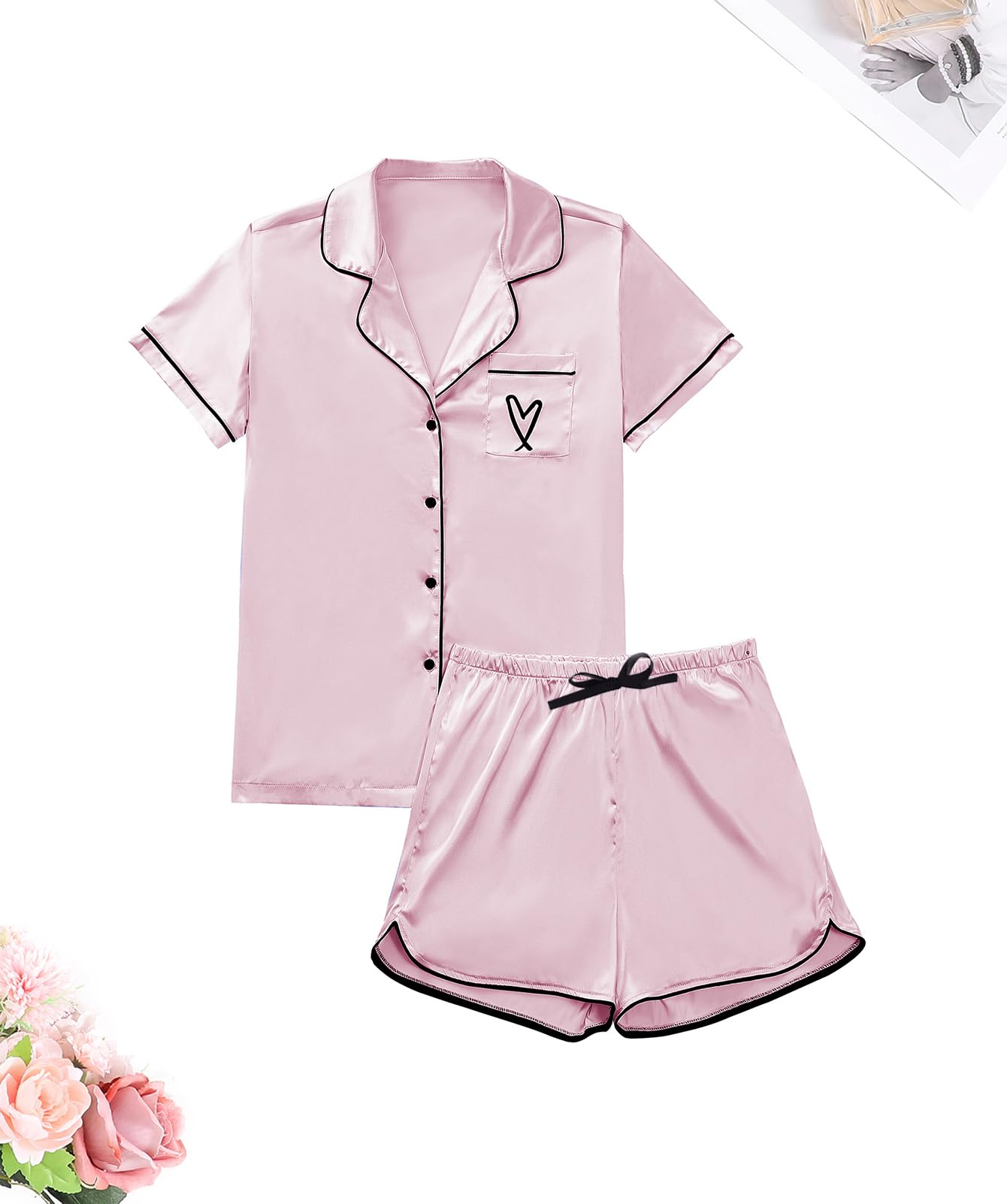 Rooscier Women's Satin Pajamas Set V Neck Short Sleeve Shirt With Shorts Sleepwear Light Pink Small