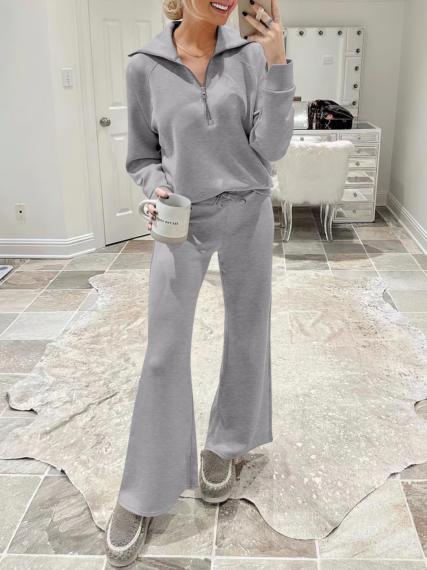 ANRABESS Women 2 Piece Outfits Sweatsuit Oversized Sweatshirt Sweatpants Tracksuit Sweat Lounge Matching Set 2025 Fall Trendy Grey Medium