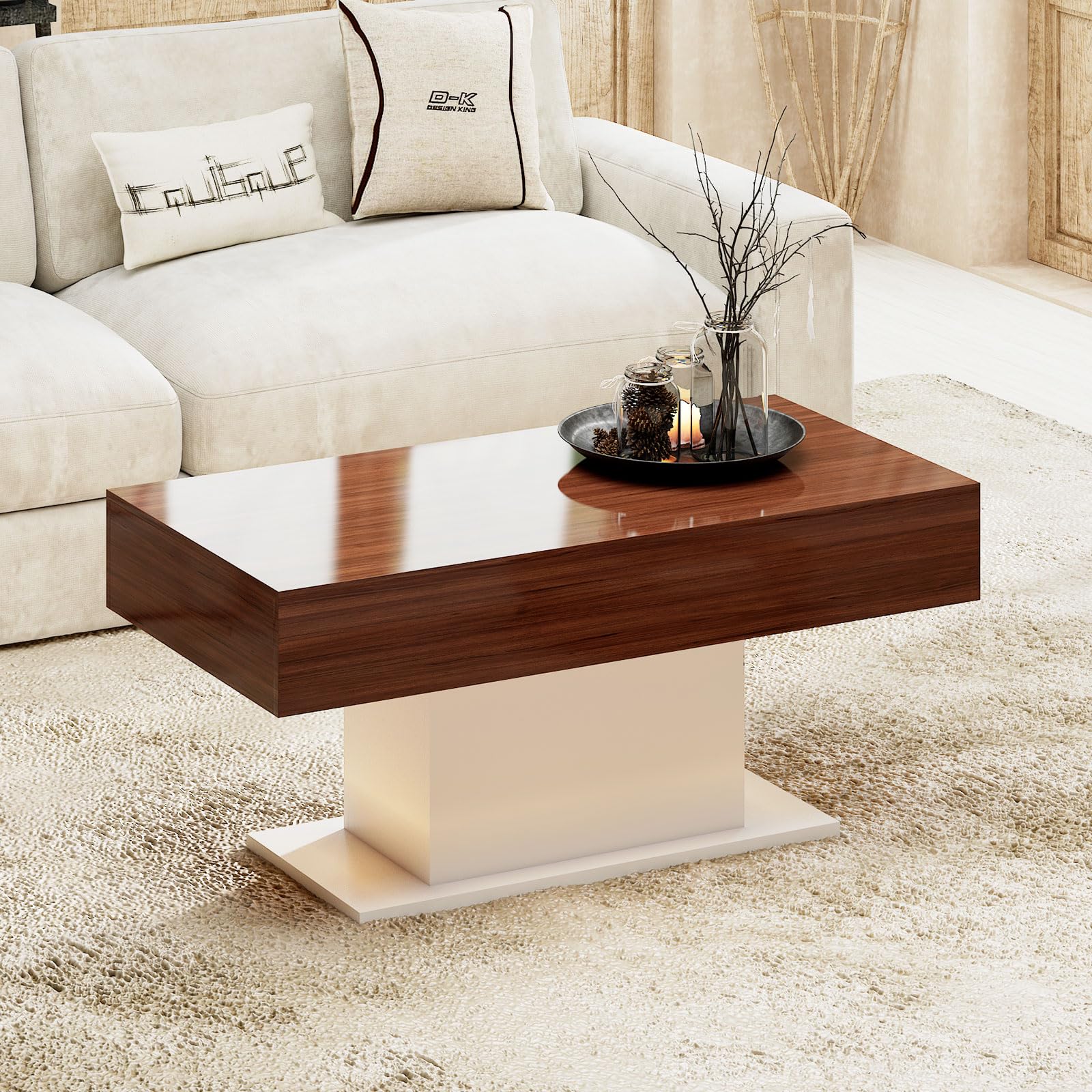 LED Coffee Table for Living Room, Modern High Glossy Coffee Table with 16 Colors LED Lights, Smart Cocktail Table Rectangle, Wooden Living Room Table (Natural)