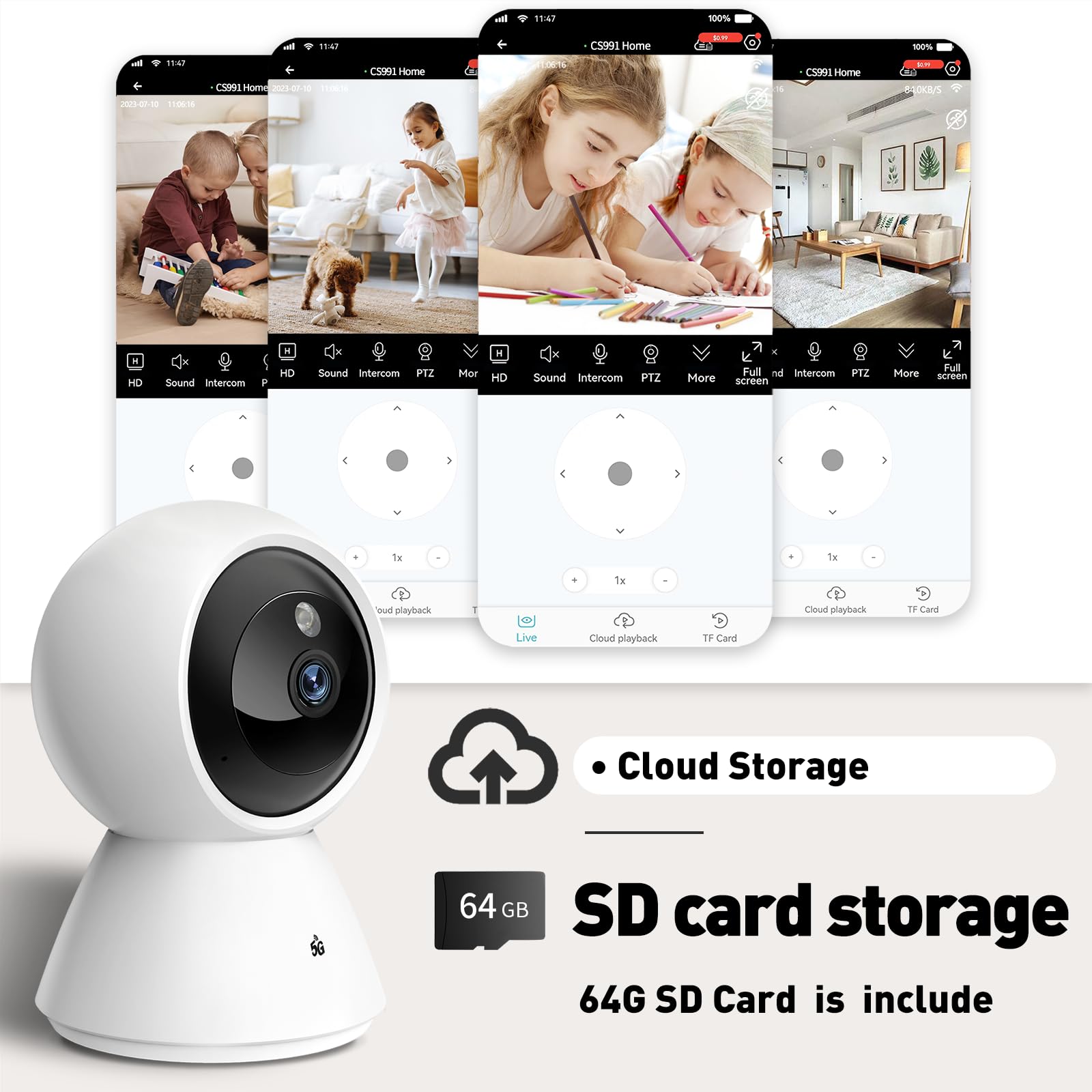 BJR 2K HD Security Camera Indoor, 5G & 2.4G WiFi Camera, Pan/Tilt Pet Camera with Motion Detection, Night Vision, 2-Way Talk, Home Cam with 64G SD Card Included