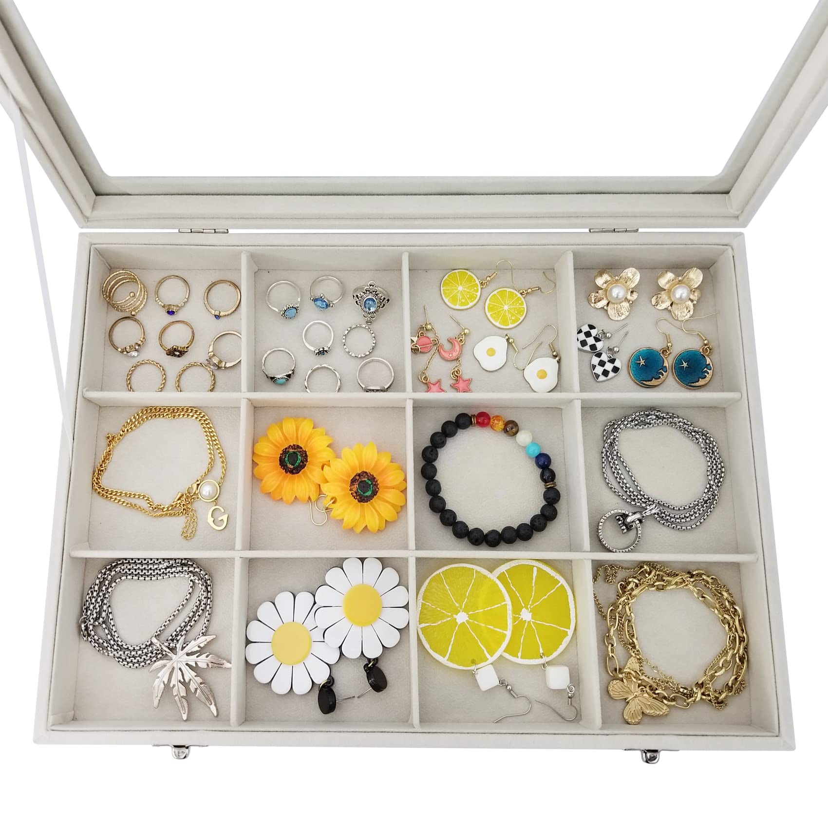 BesyPro 12 Grids Bracelet Organizer Box Ice Velvet Bangles Jewelry Storage Tray with Transparent Lid (Beige)