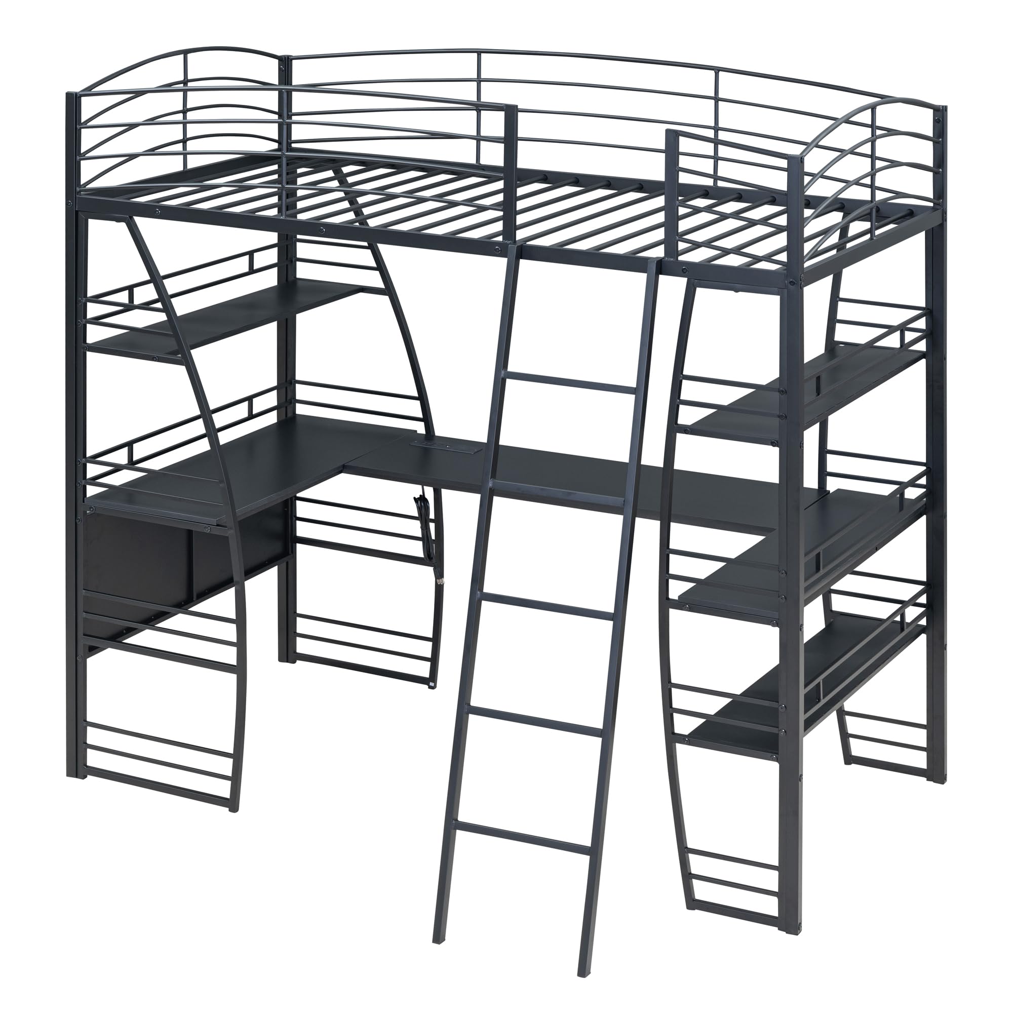 LAVHOME Twin Size Loft Bed with 4 Layers of Shelves and L-Shaped Desk, Stylish Metal Frame Bed with a Set of Sockets, USB Ports and and Wireless Charging (Black)
