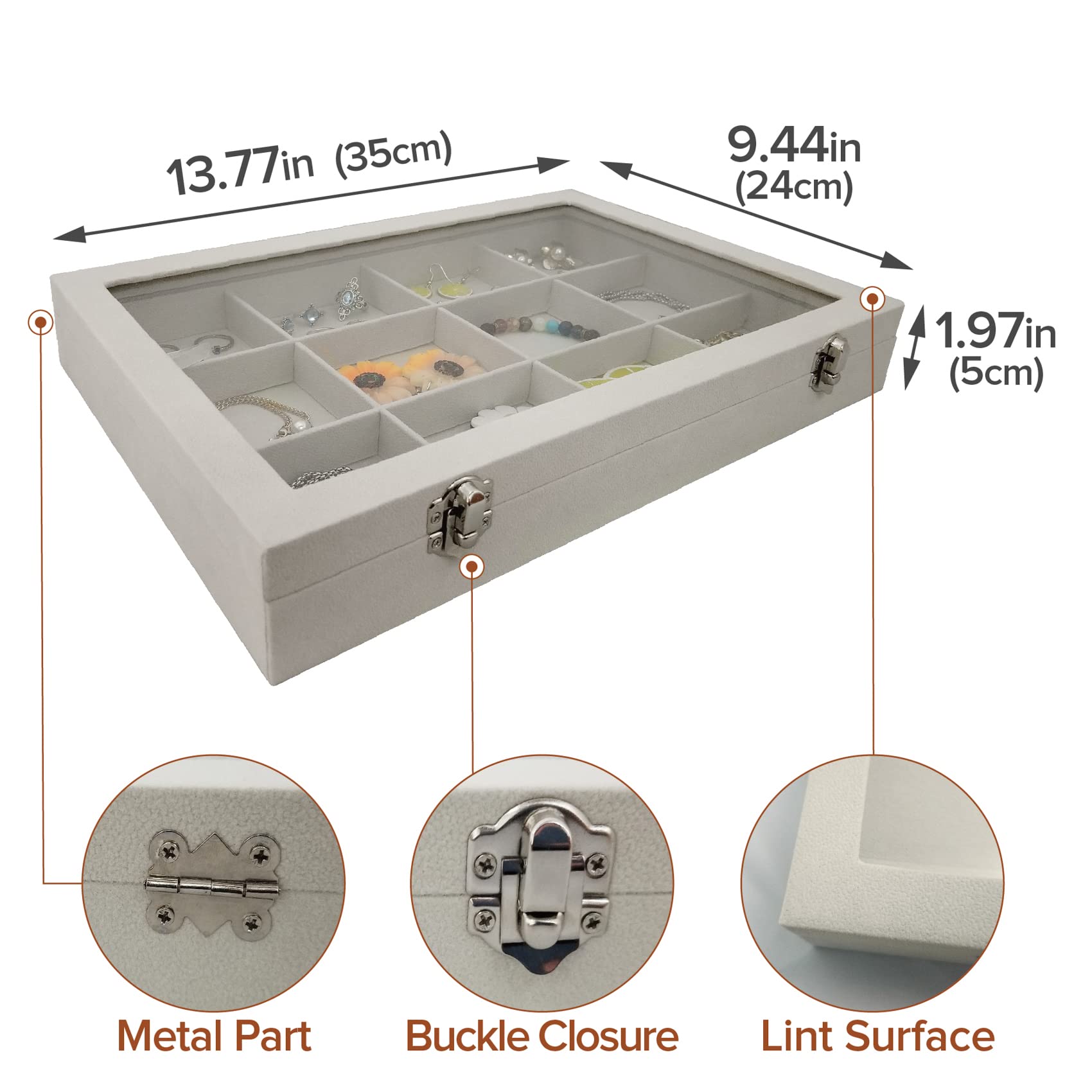 BesyPro 12 Grids Bracelet Organizer Box Ice Velvet Bangles Jewelry Storage Tray with Transparent Lid (Beige)